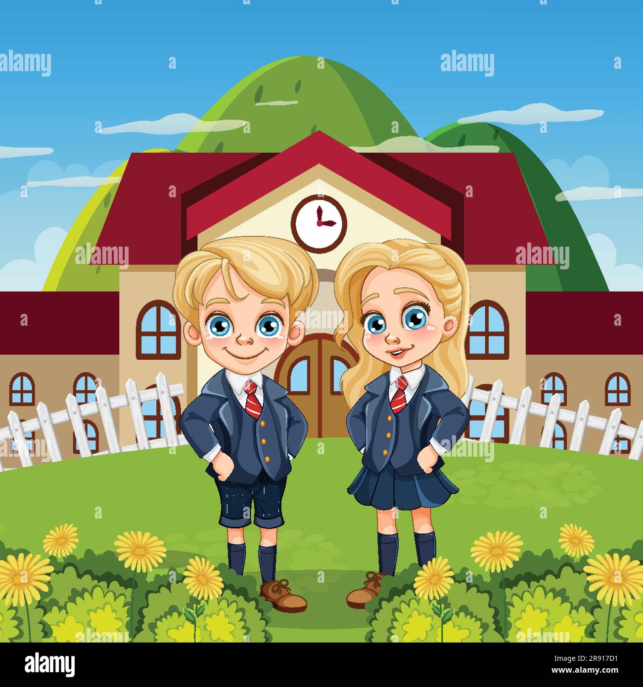 Student wearing school uniform at school scene illustration Stock ...