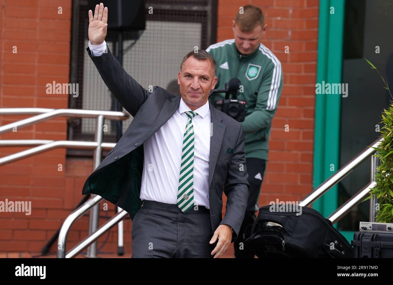Newly re-appointed Celtic manager Brendan Rodgers gestures to the fans after a press conference ...