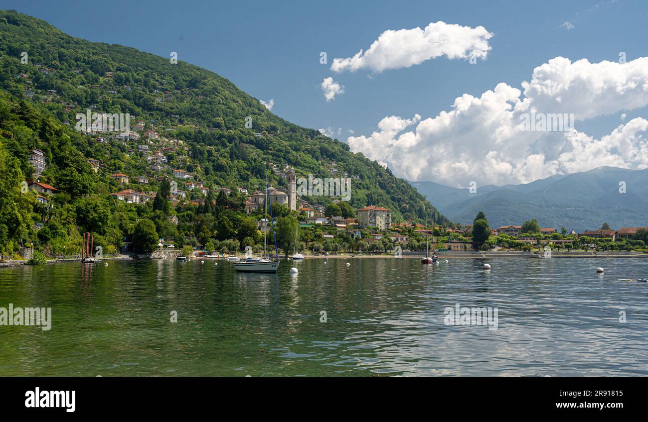 Cannero Riviera, Lake Maggiore. Panoramic view from the seafront of the ...