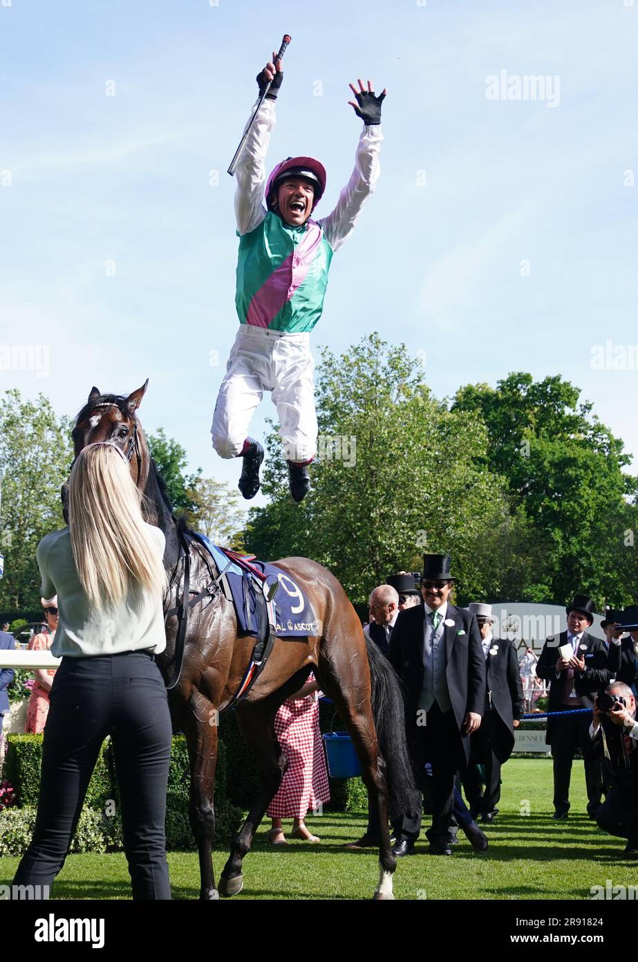 Frankie Dettori leaps in celebration from Coppice after winning The ...