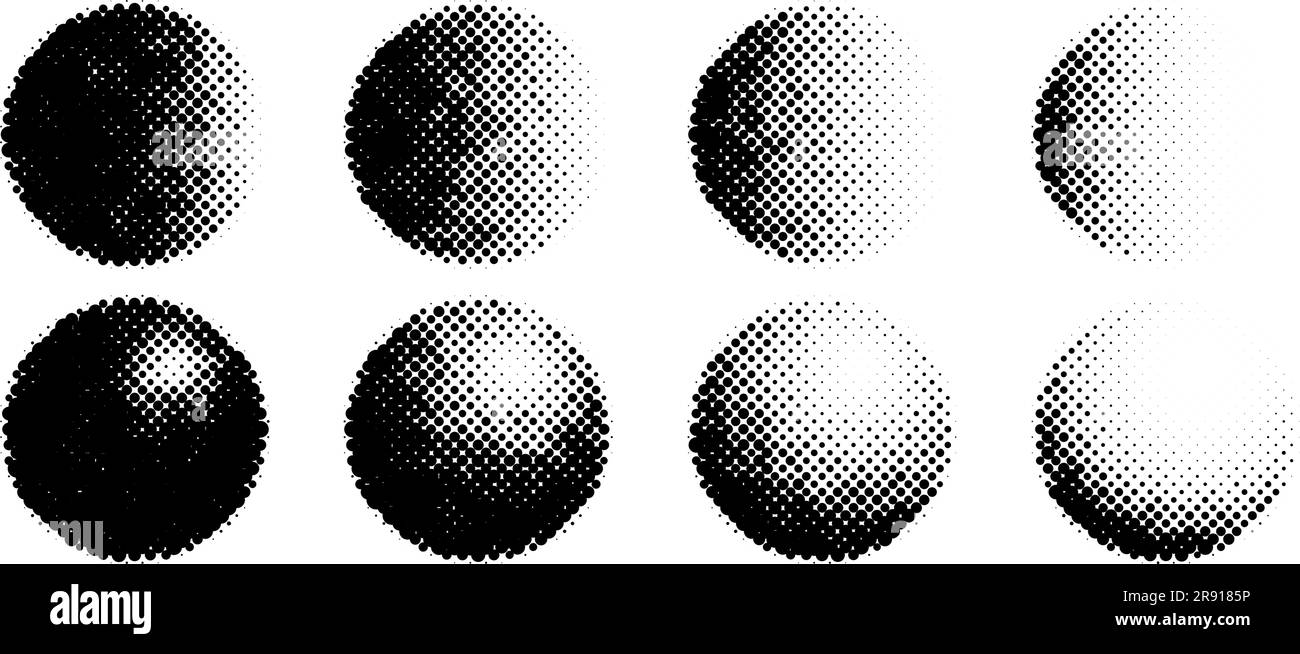 Halftone circle shapes set. Dotted textured spheres collection. Round ...