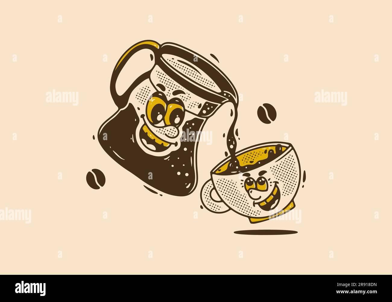 coffee cup and coffee pot mascot character with happy face, drawing in ...