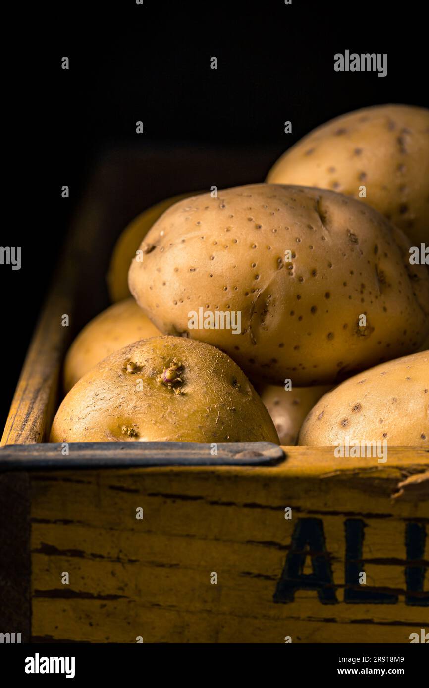 Golden potatoes in a wood crate, close up shot Stock Photo - Alamy