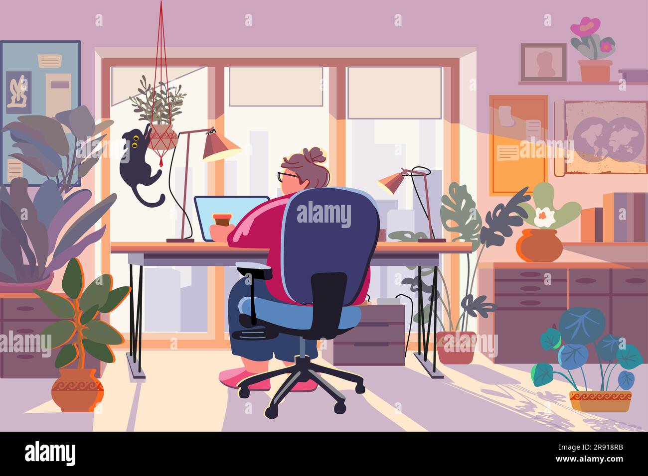 Fat woman working on a laptop while sitting at the table in a cozy ...