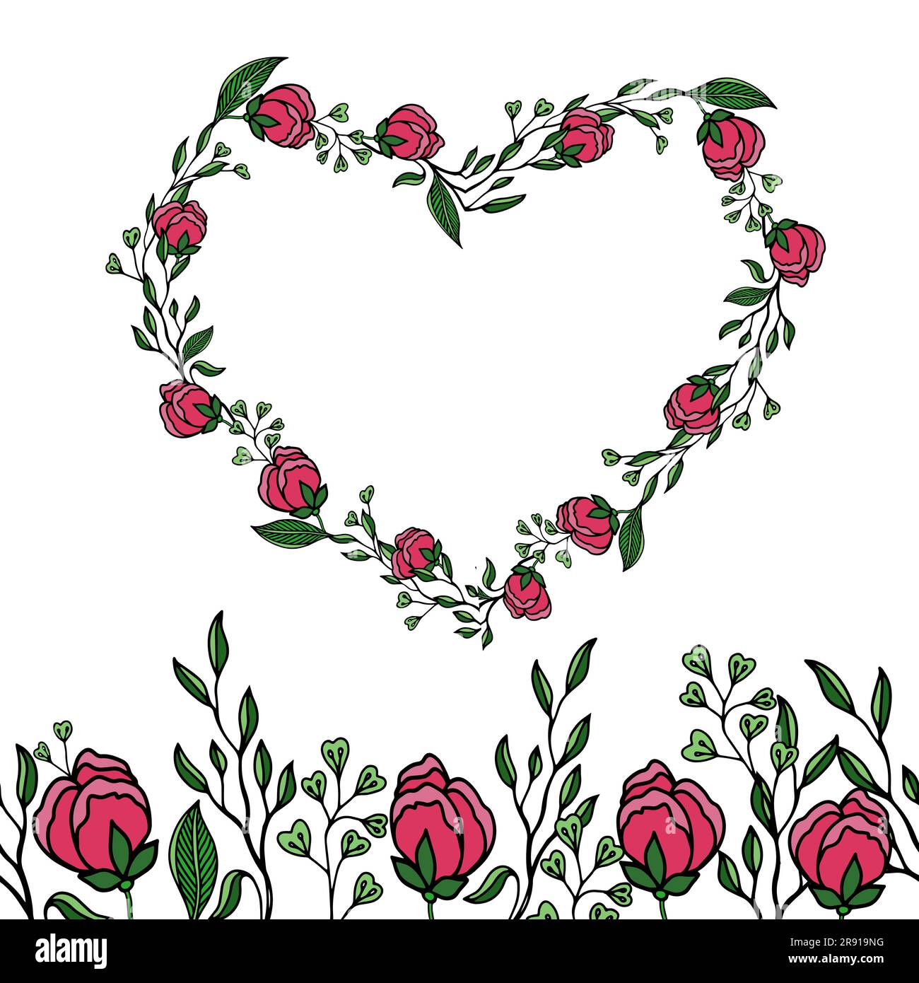 Rose wreath line art, flower frame for wedding invitations or card ...