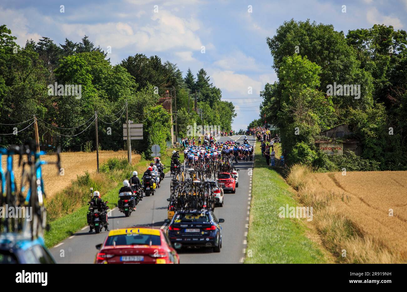 Les Vignes du Chateau, France - July 1,2021: Rear image of the peloton ...