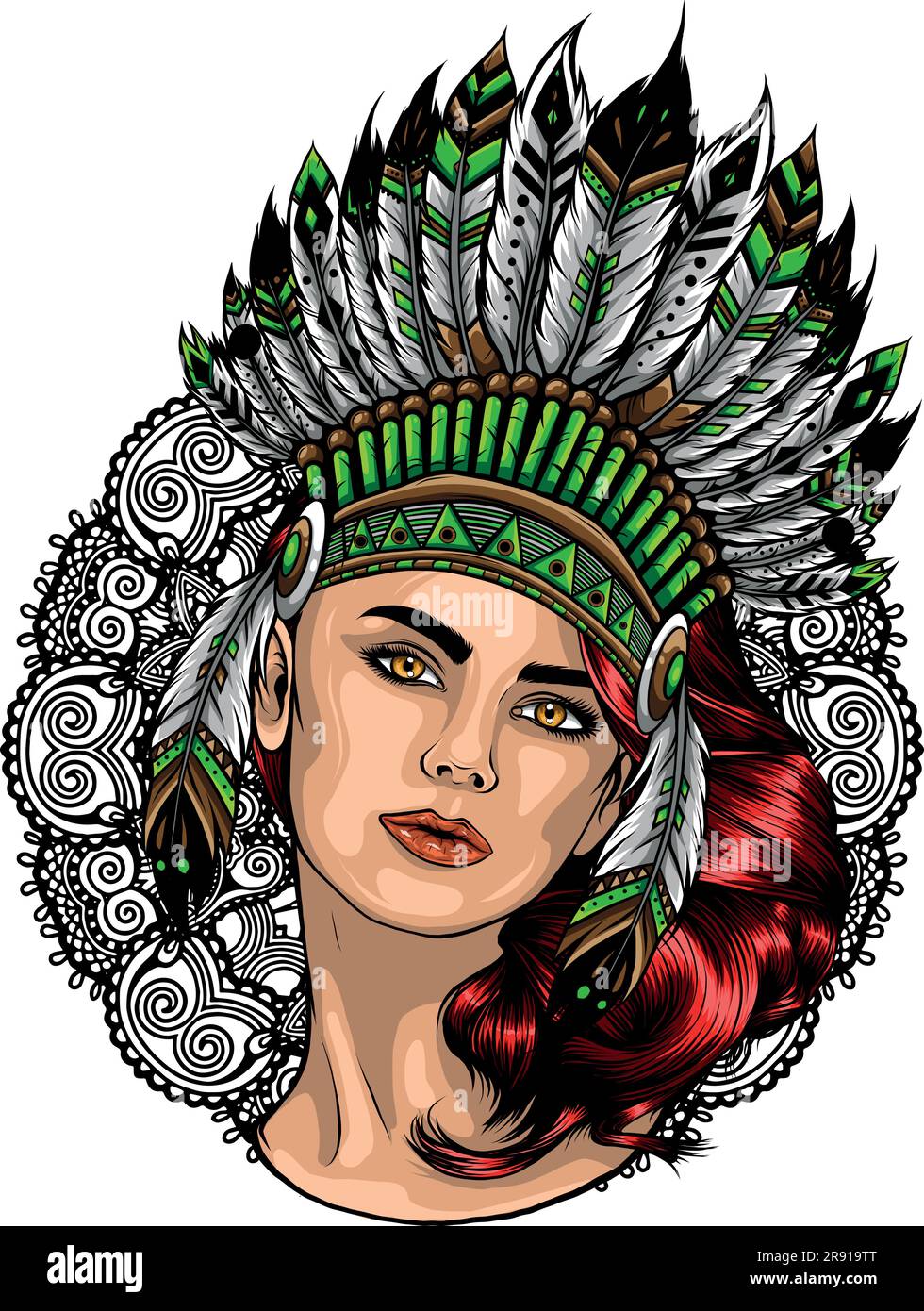 vector illustration of American indian girl in national headdress Stock ...