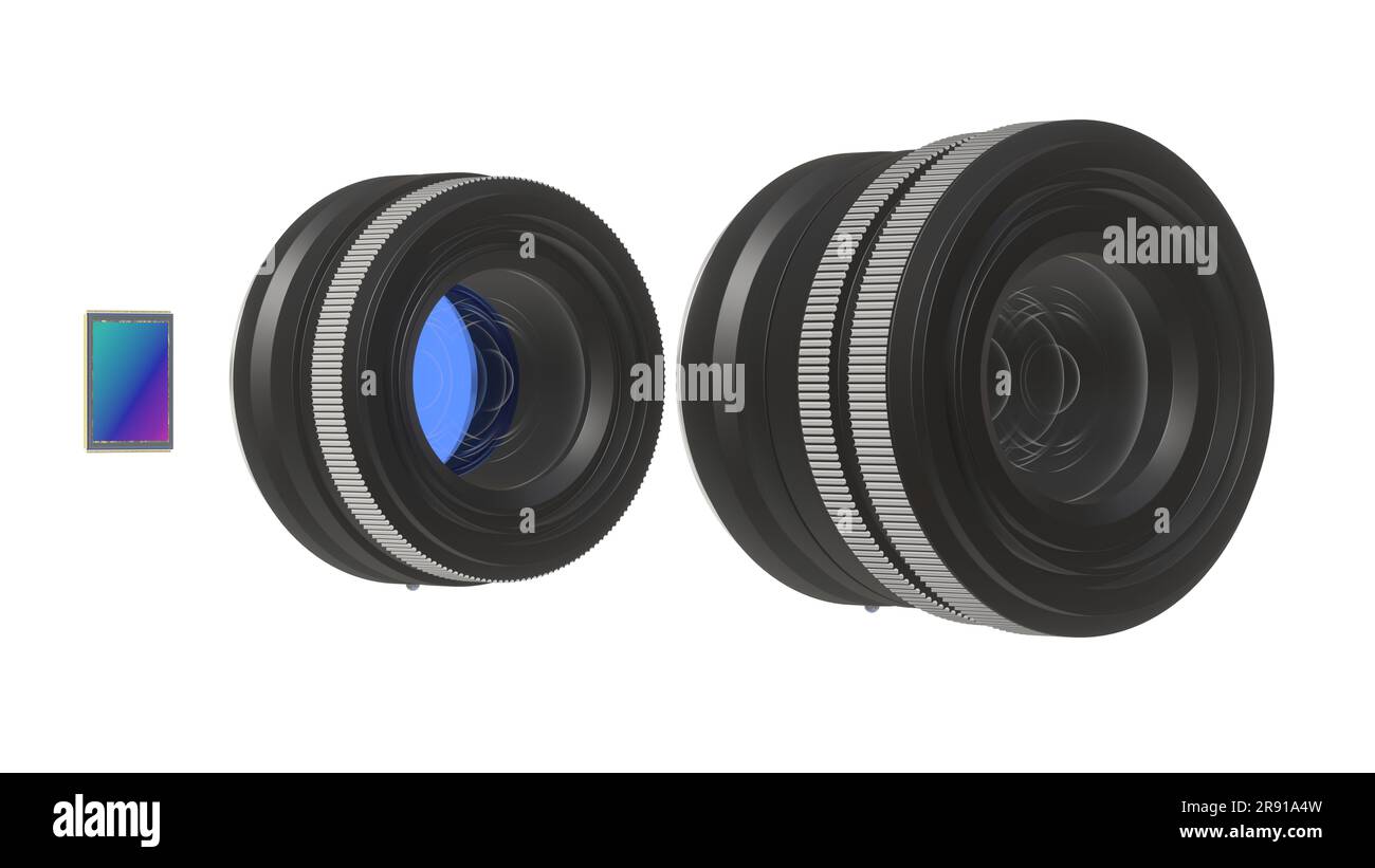 3D illustration of a system of lenses and matrix. The matrix and two ...