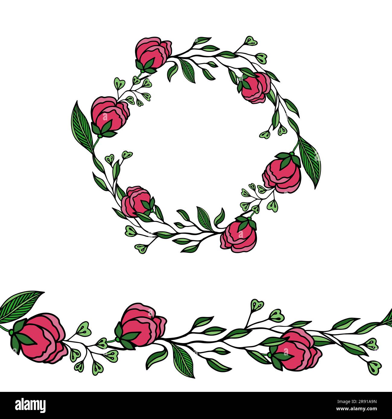 Rose wreath line art, flower frame for wedding invitations or card ...