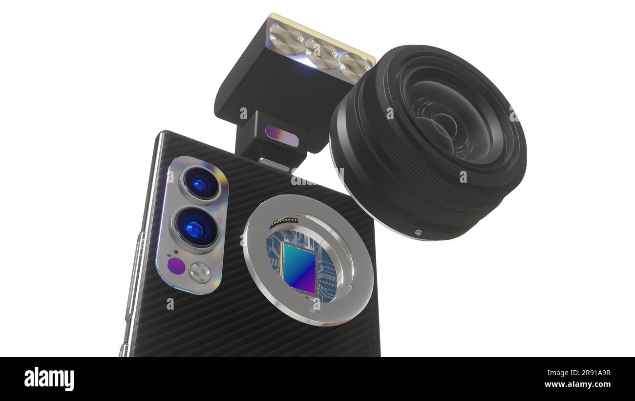 Conceptual 3D illustration of a mobile phone with interchangeable lens ...