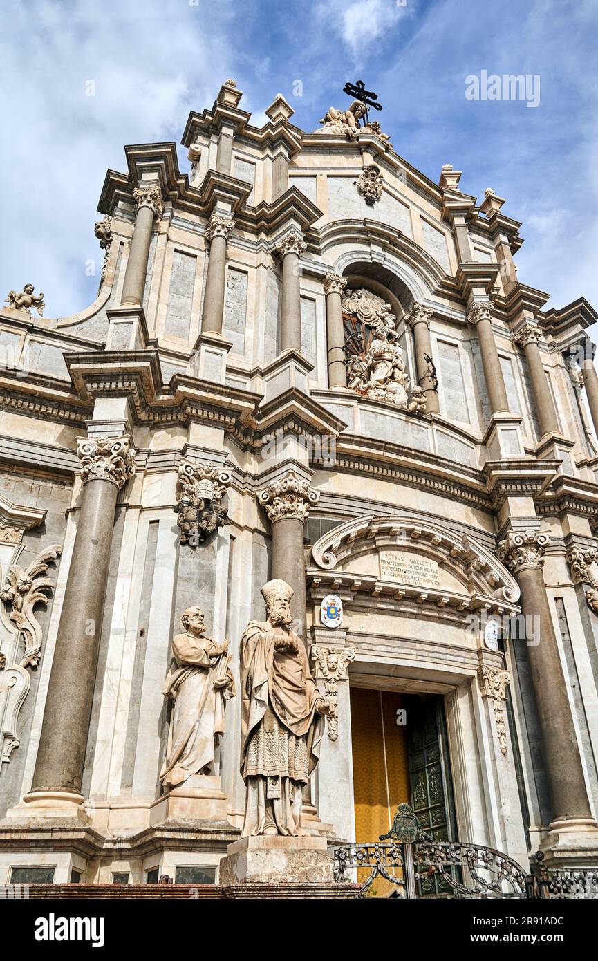 Columns and statues of the Baroque facade of the Cathedral Basilica of ...