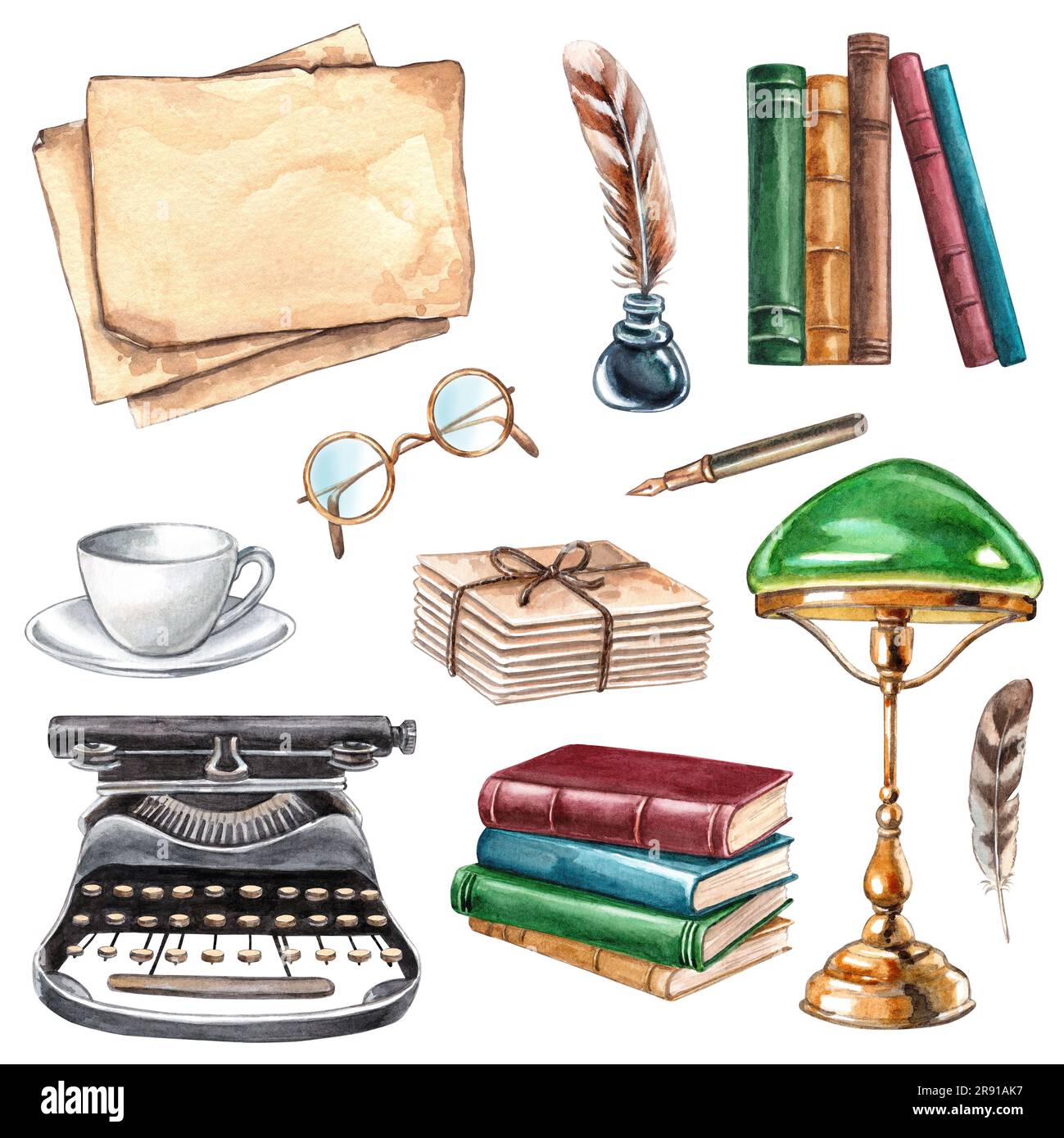Vintage writer's set. Watercolor hand drawn illustrations of a book ...