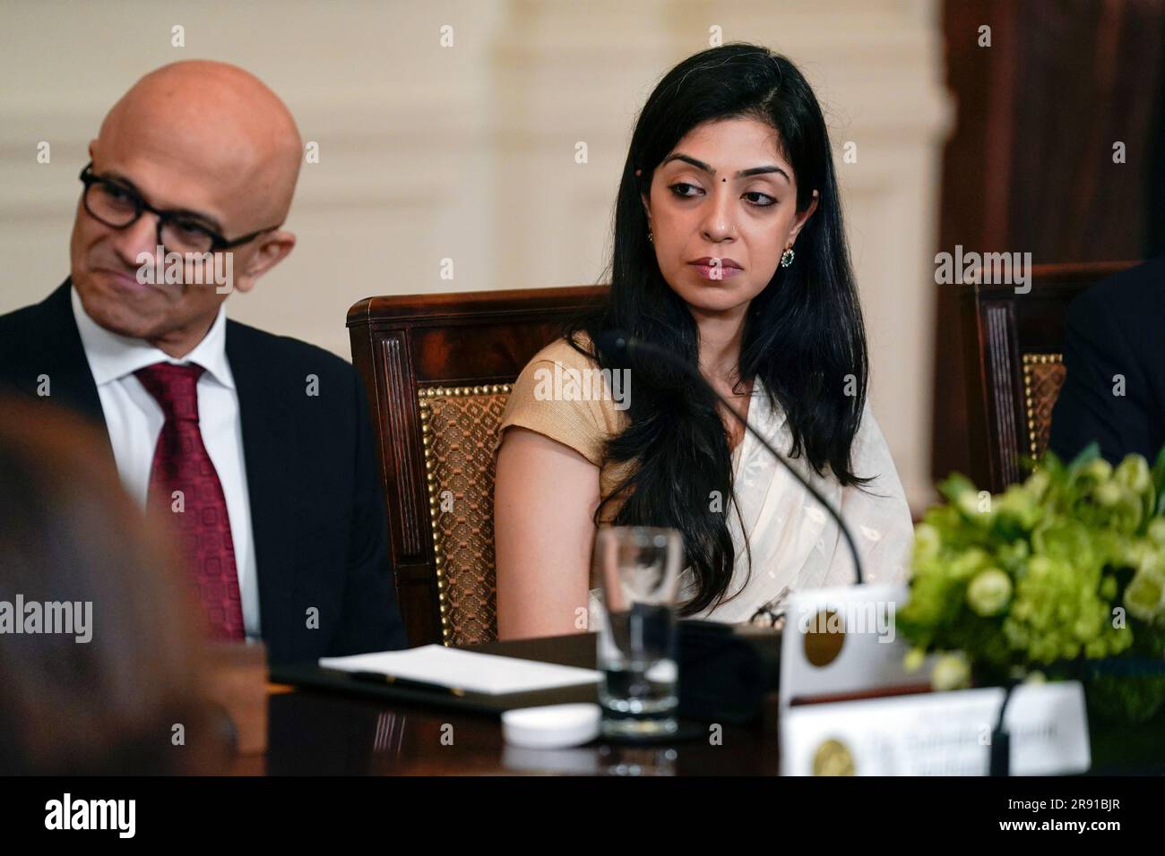 Vrinda Kapoor, co-founder of 3rdiTech, right, and Satya Nadella, CEO of ...