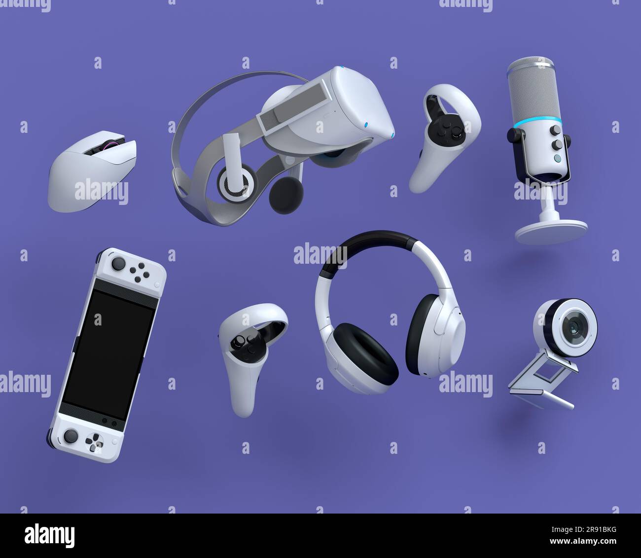 Top view gamer gears like mouse, microphone, joystick, headphones and ...