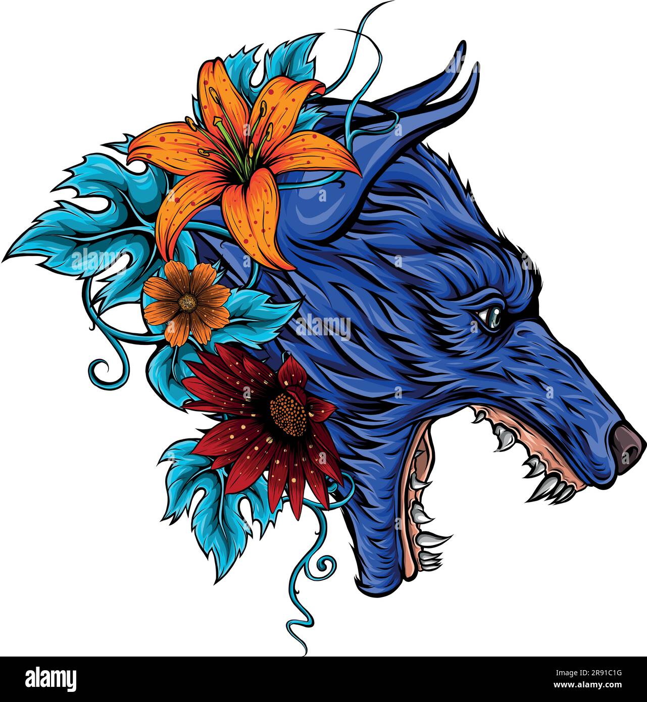 vector illustration of Flowers and wolf's head Stock Vector Image & Art ...