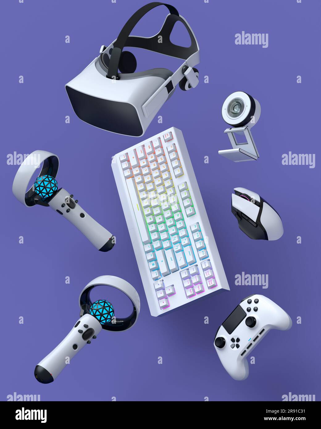 Top view gamer gears like mouse, keyboard, joystick, headphones and web ...