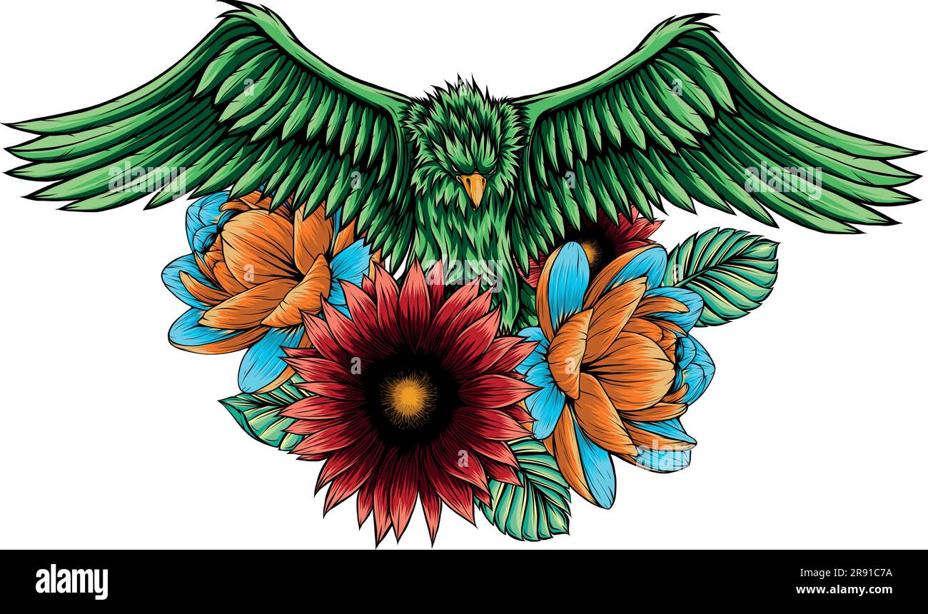 vector illustration of eagle with flowers on white background Stock ...