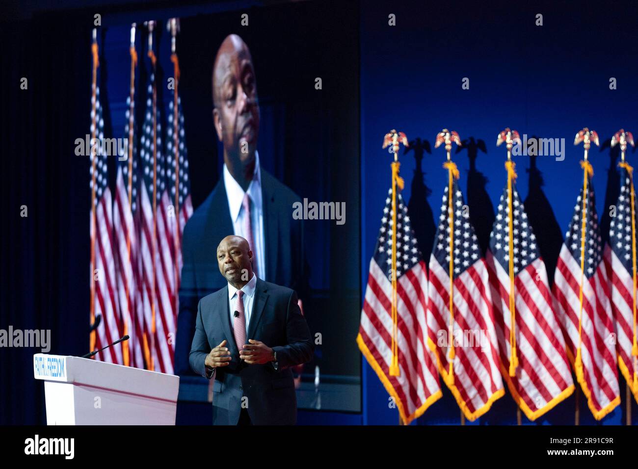 Republican presidential candidate Sen. Tim Scott, R-S.C., speaks during ...