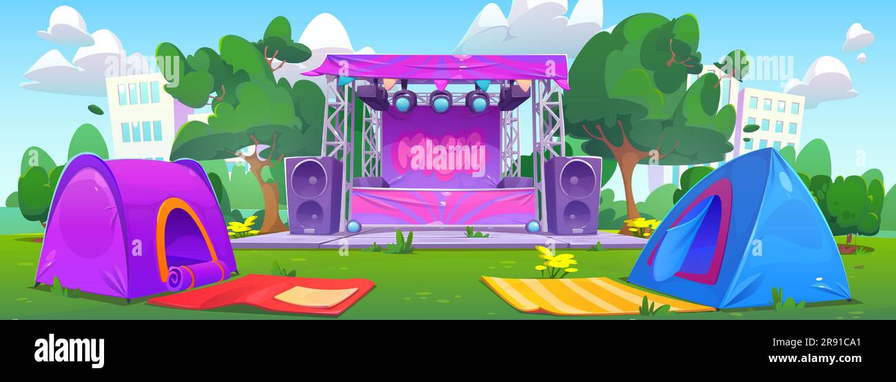 Music festival camp near concert stage. Vector cartoon illustration of ...