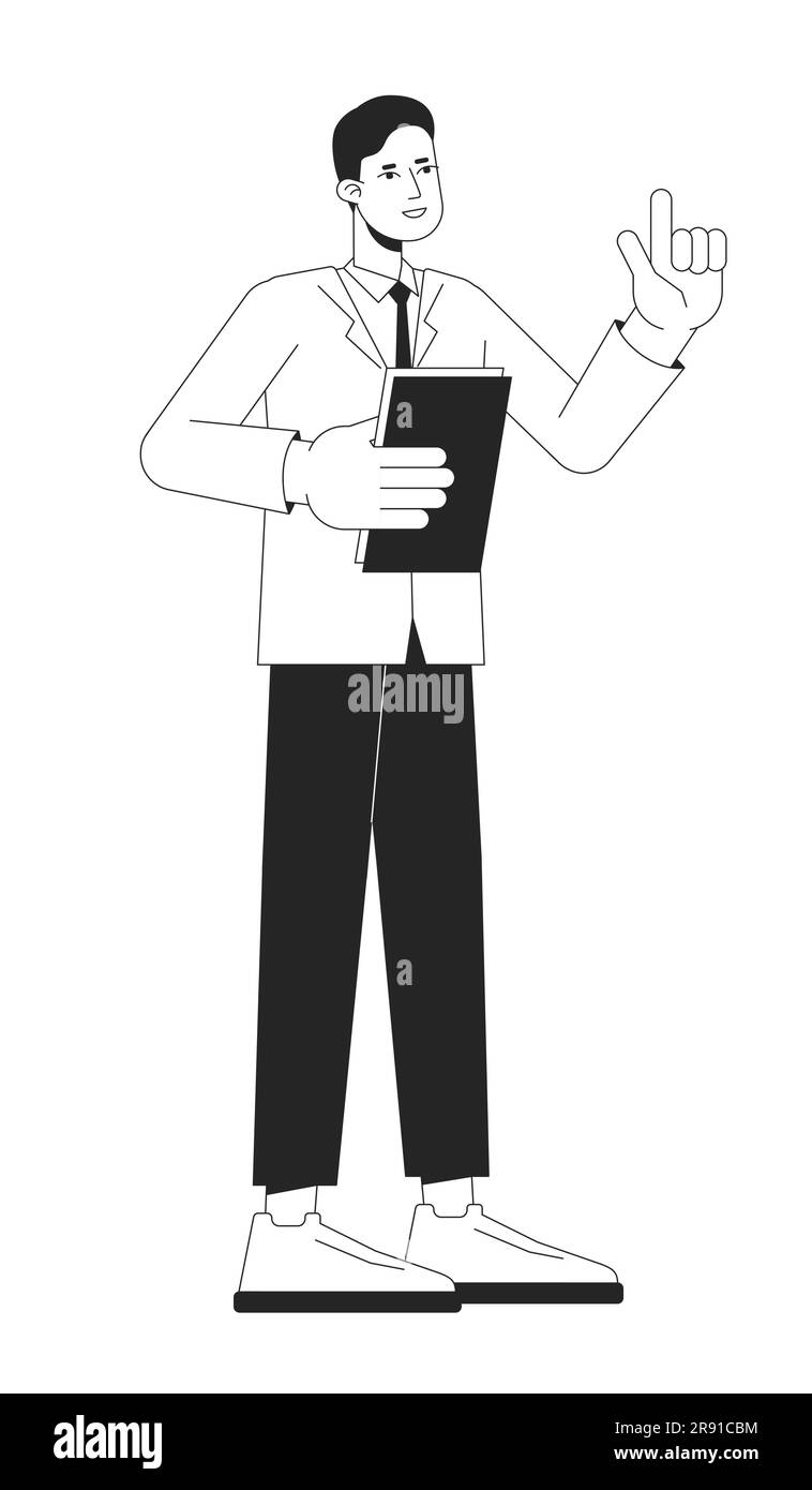 Male project manager holding paperwork flat line black white vector ...