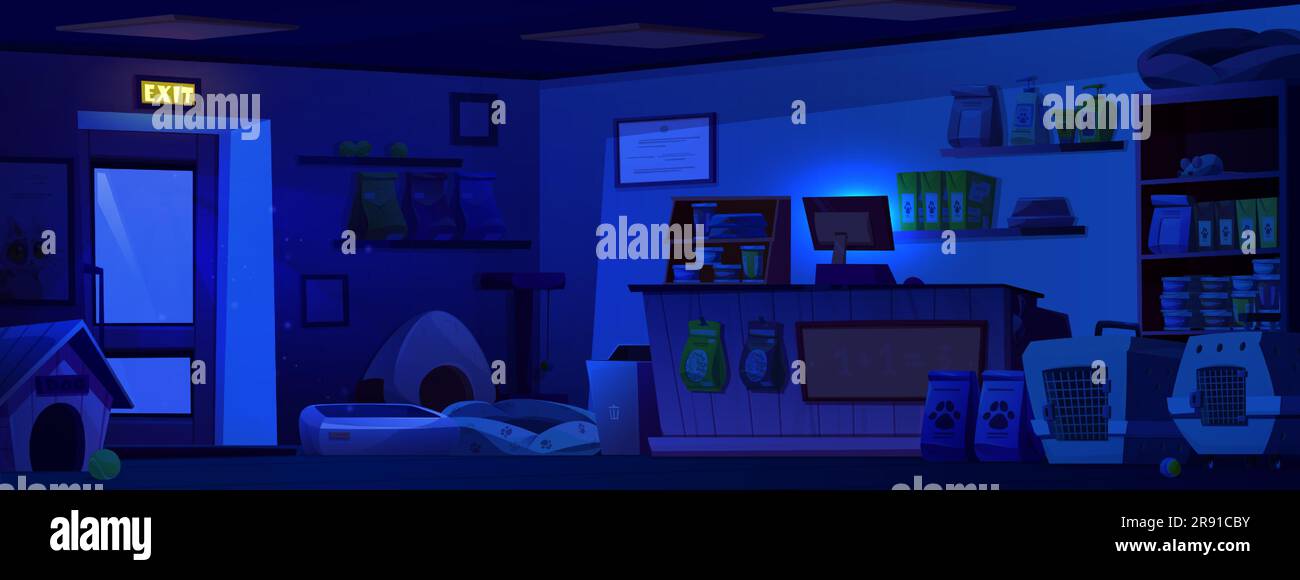 Animal pet toy store night interior cartoon background. Supermarket ...