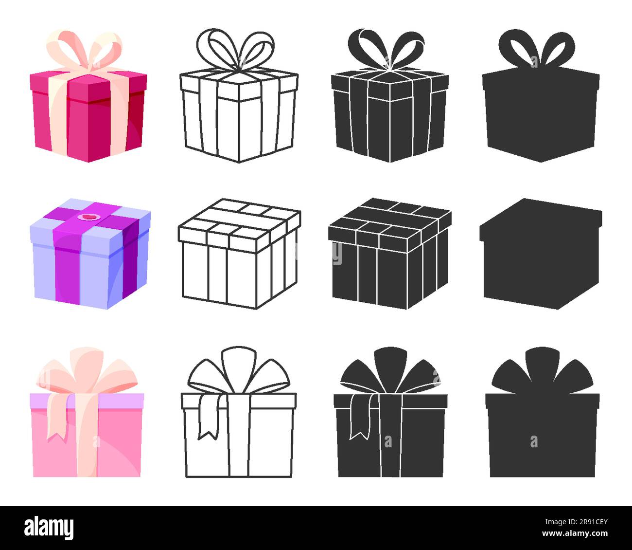 Gift box flat line silhouette stamp glyph set. Editable stroke ...