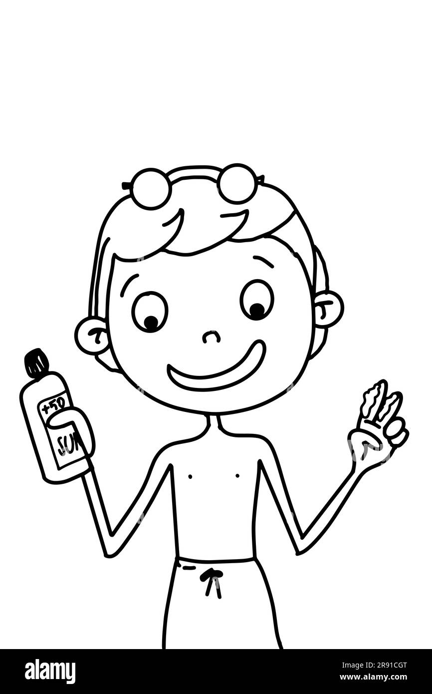 cute cartoon holds sunscreen for sunbathing.İllustration.Half body ...