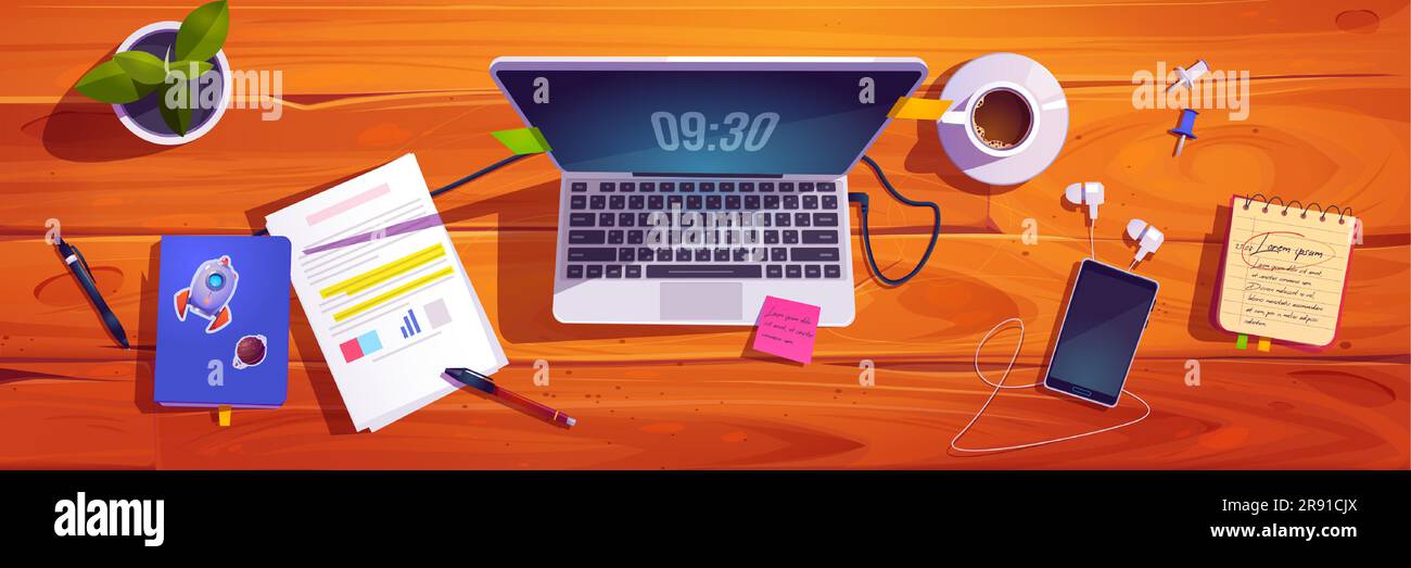 Top view of workplace with laptop. Vector cartoon illustration of old ...