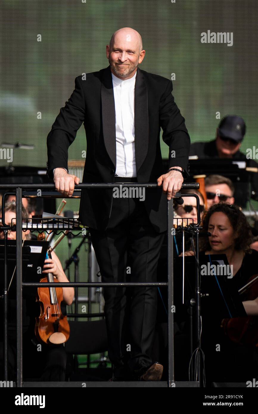 Conductor Michael England performing on stage at BST Hyde Park in ...