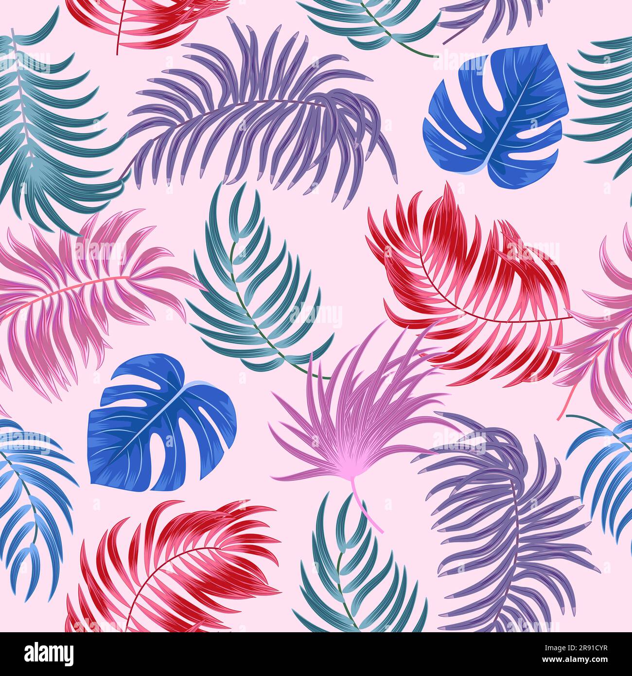 Vector tropical jungle seamless pattern with multicolor palm trees ...