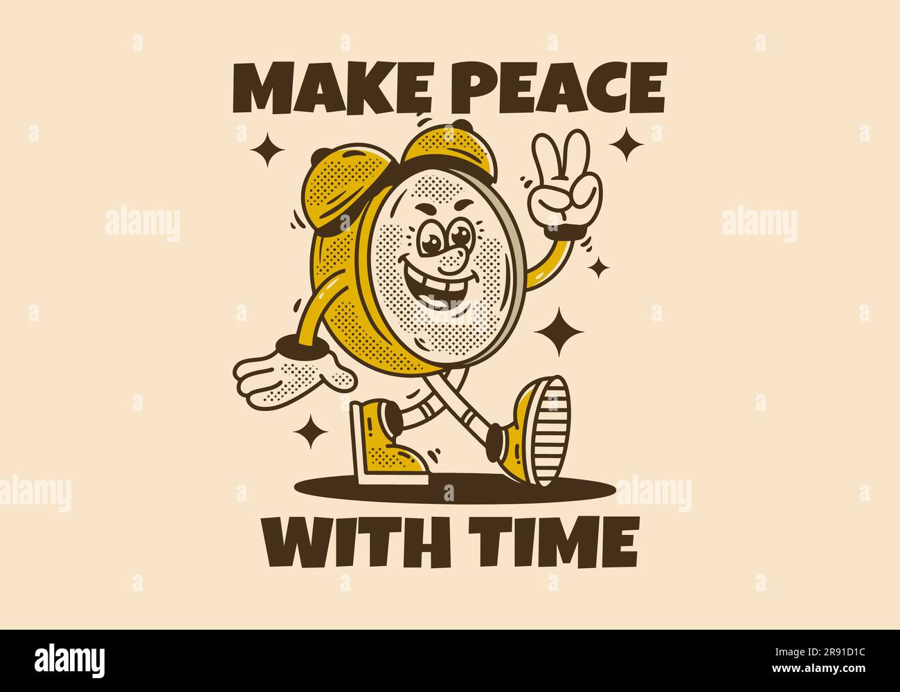 alarm clock mascot character walking with happy face, drawing in ...