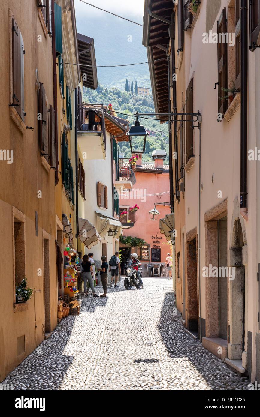Traditional narrow street in Malcesine, Lake Garda, Italy, Europe Stock ...