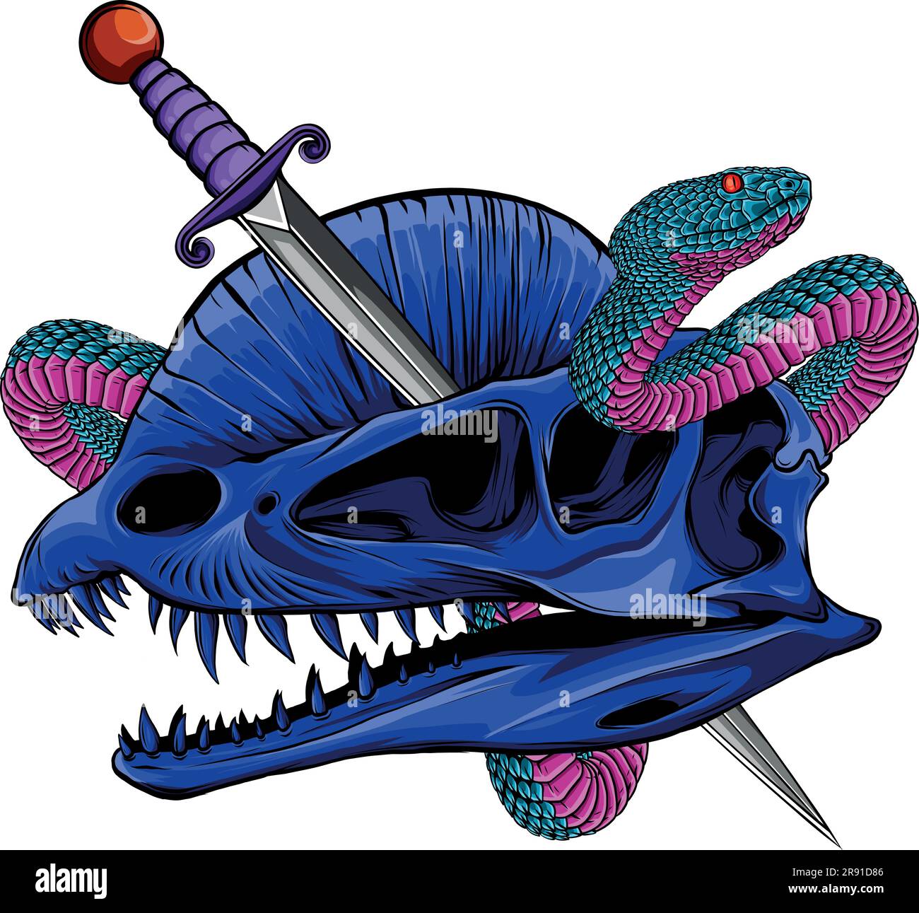 vector illustration of dinosaur skull with snake around Stock Vector ...
