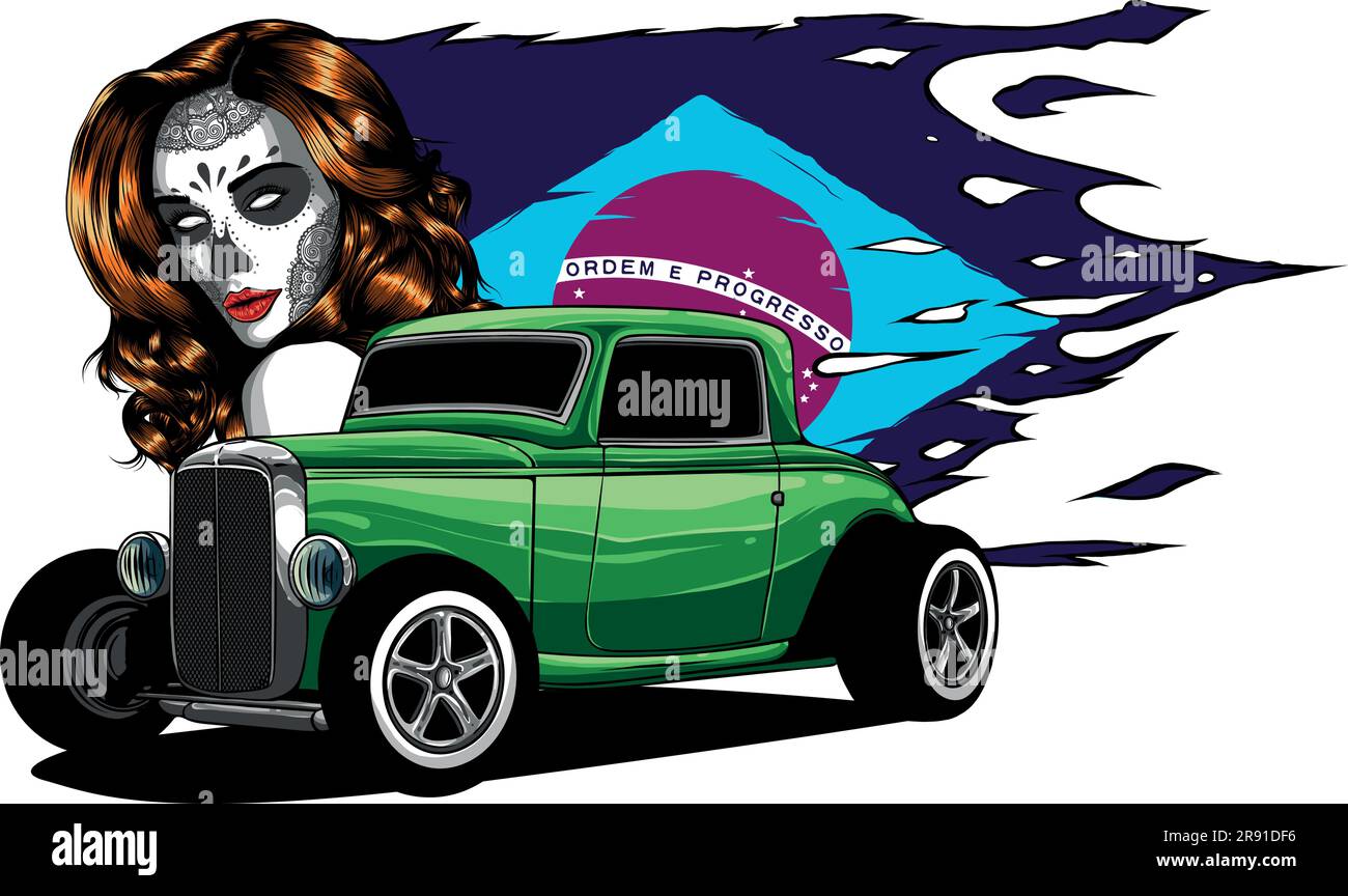 vector illustration of custom hot rod with girl and brazil flag Stock ...