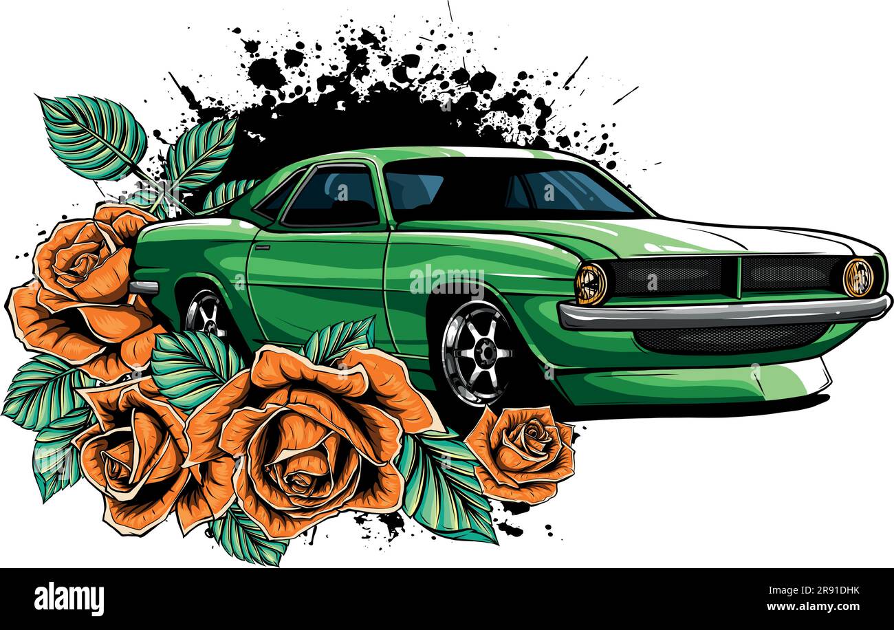 vector illustration of muscle car with roses flower Stock Vector Image ...