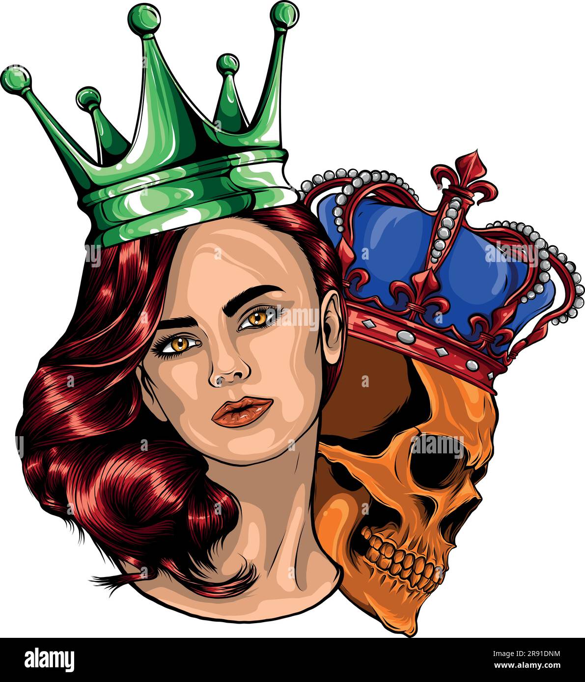 Queen Death Portrait Skull Crown Long Stock Vector