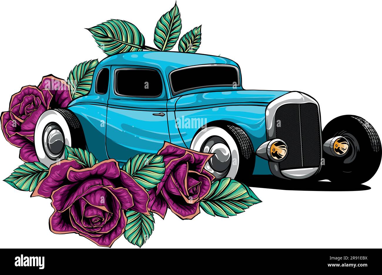 vector illustration of hot rod car with roses Stock Vector Image & Art ...