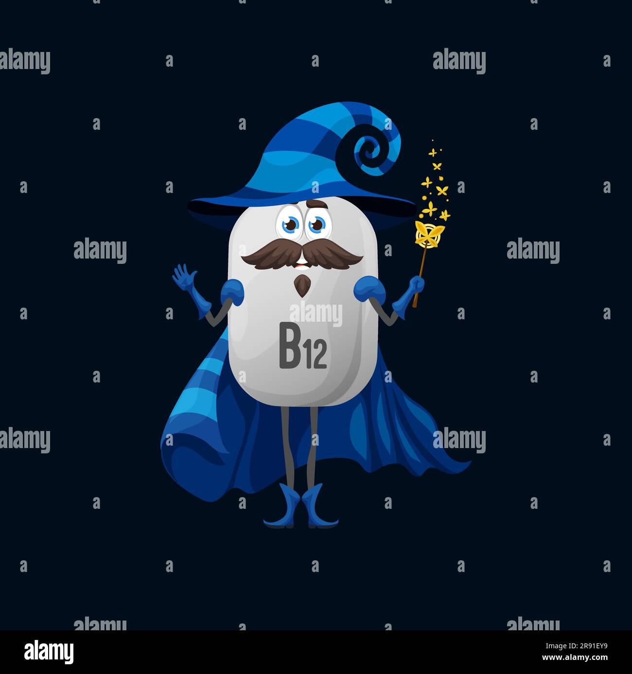 Cartoon vitamin B12 magician character. Vector white cobalamin capsule ...