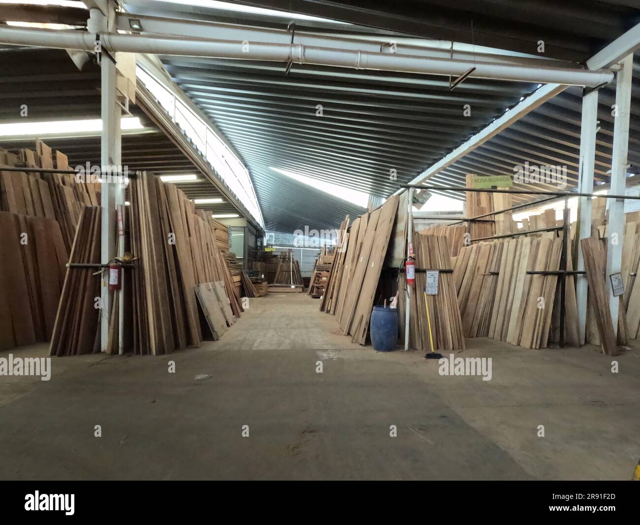 Lumber with vertical boards of tropical wood in an industrial warehouse ...