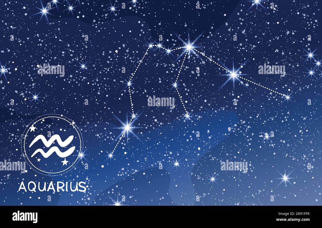 Aquarius constellation in the blue night sky, zodiac sign card ...