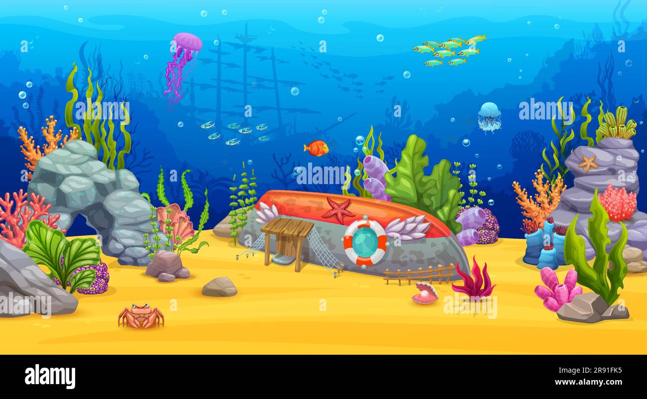 Cartoon underwater landscape, sea bottom with corals, reefs and ...