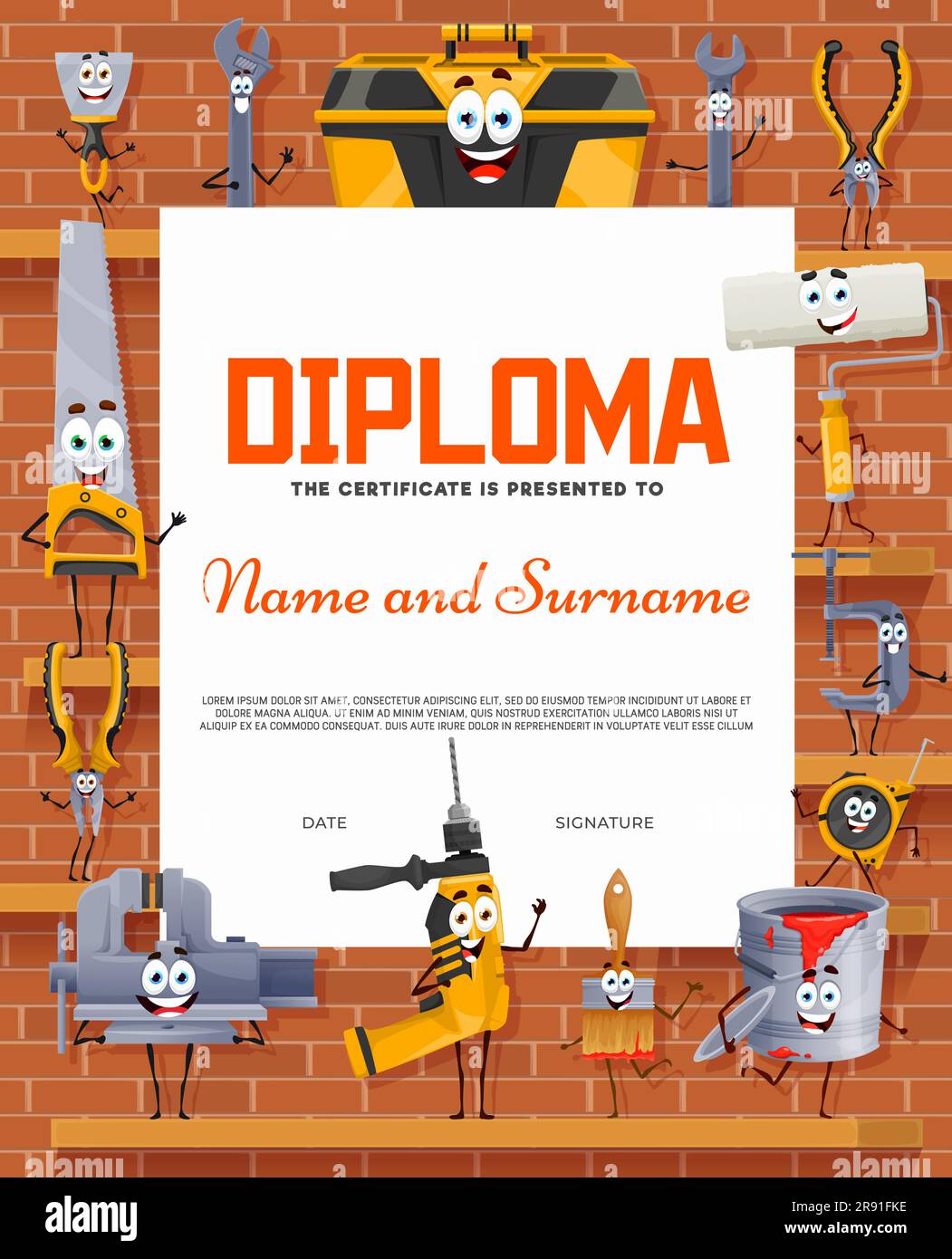 Builder diploma or certificate, cartoon repair, DIY and work tool ...