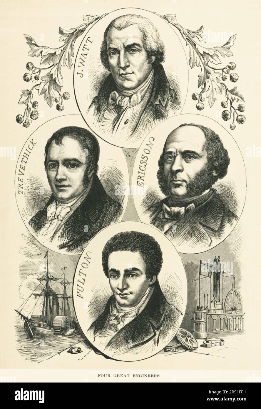 c. 1880 An engraving of four great engineers and inventors of the 18th ...