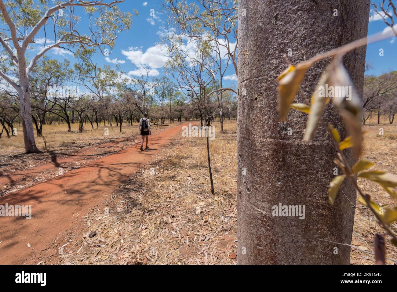 A woman takes a short walk on a trail in the outback somewhere along ...