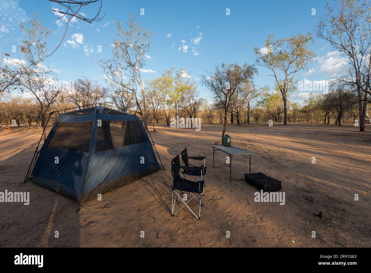 A simple campsite set up in the dry outback in Western Australia near ...
