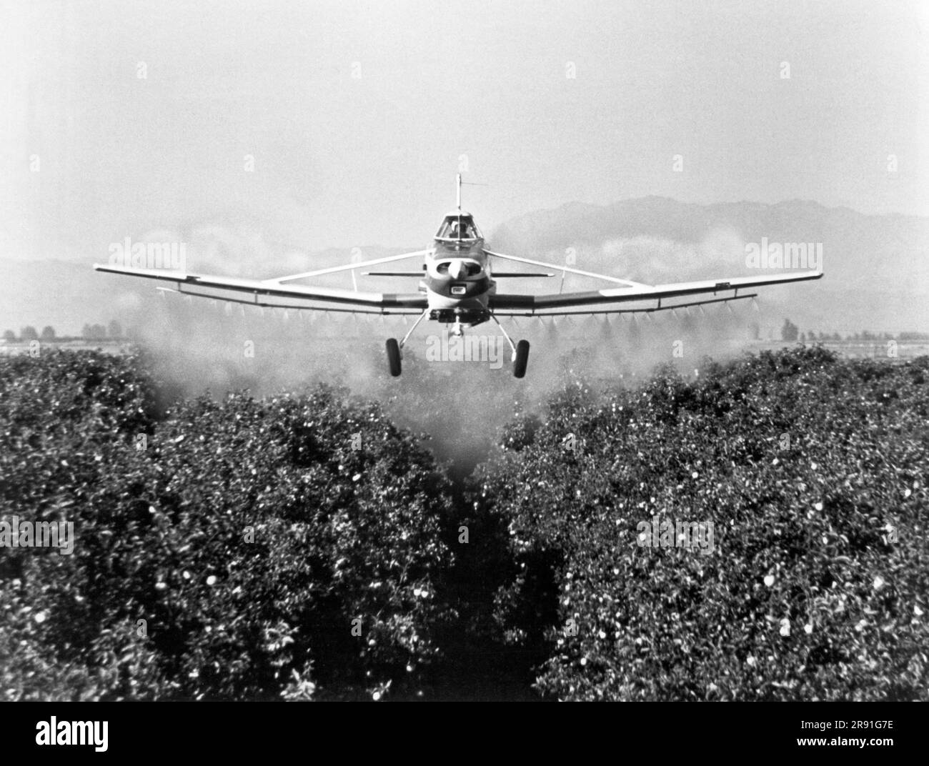 United States: August, 1968. A Cessna 188 AGwagon A in flight as it ...