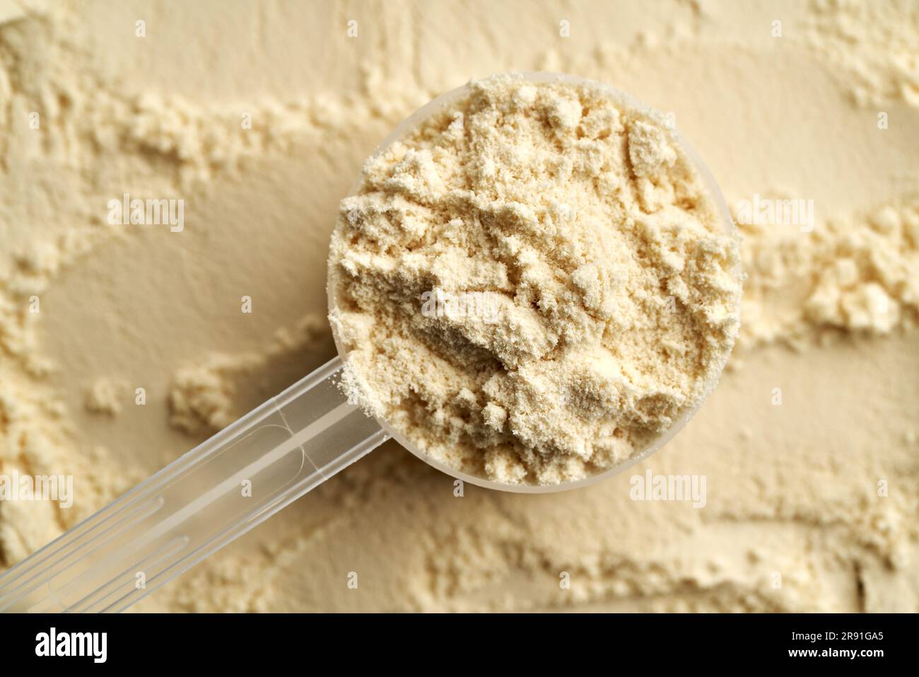 Beige whey protein powder in a plastic measuring cup, top view. Healthy ...
