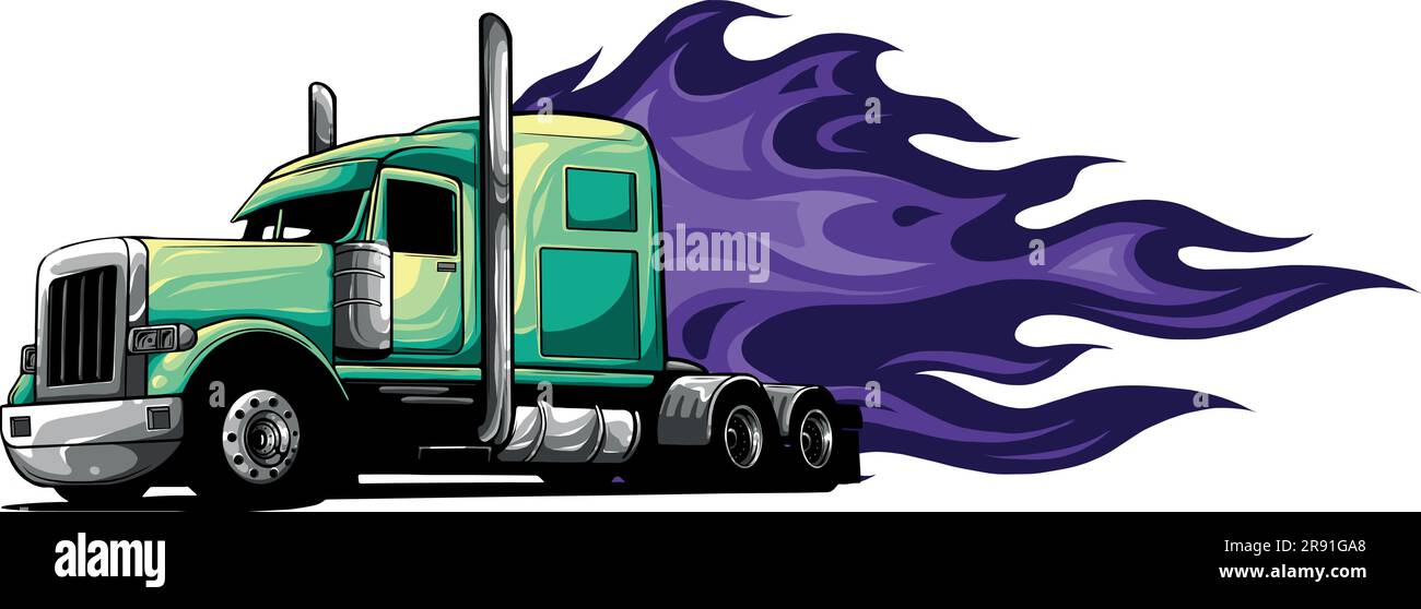 Classic american semi truck. Isolated vehicle with fire flame on white ...