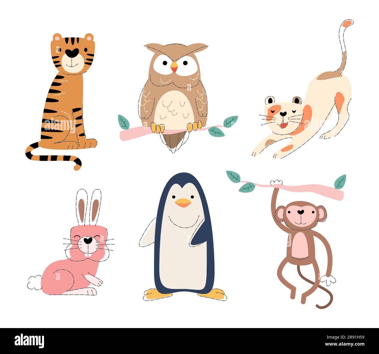 Wildlife animals Set 2 . Flat shape and pencil line drawing design ...