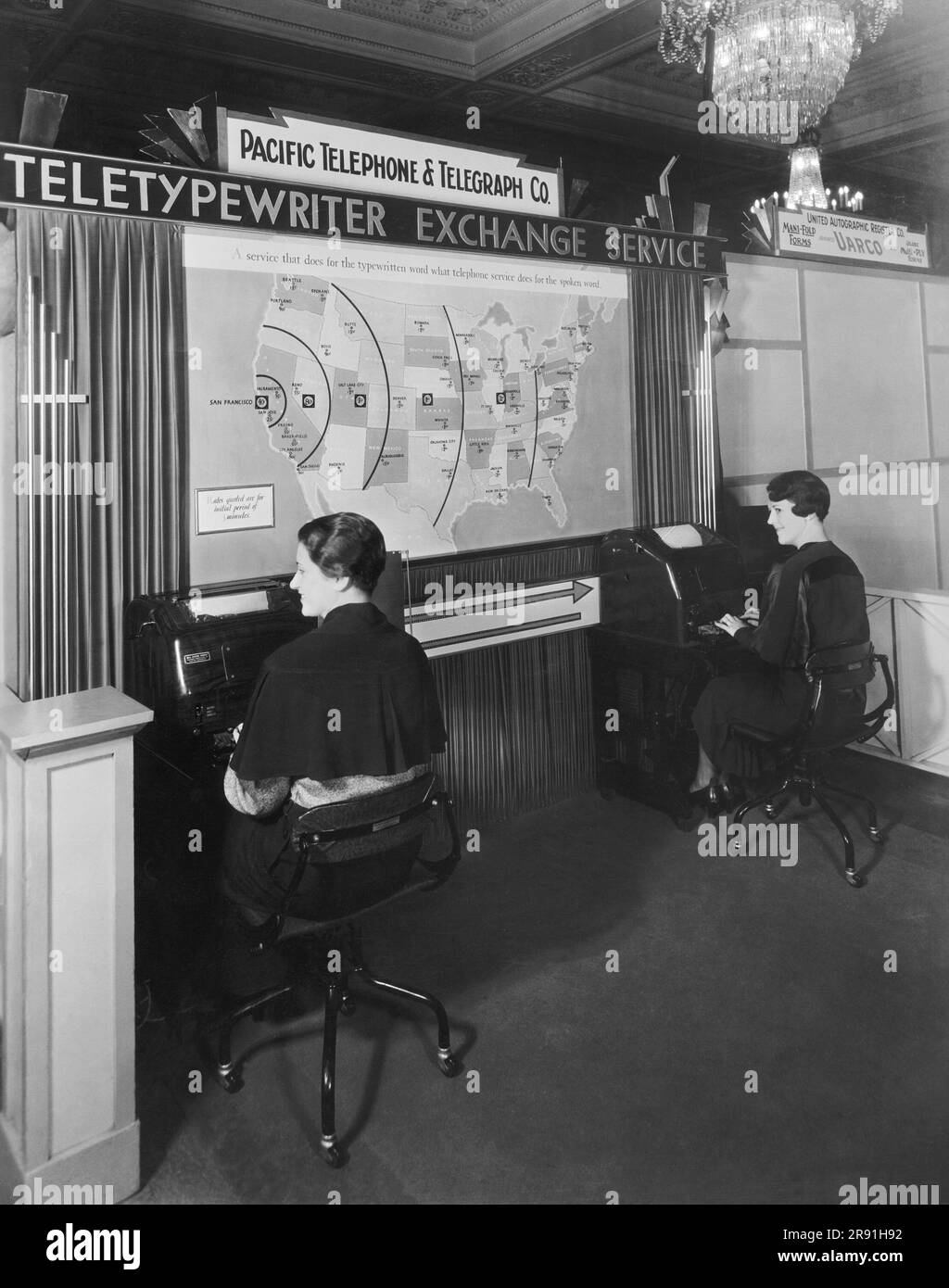 San Francisco, California: c. 1939 Two women operating the Pacific Telephone & Telegraph ...